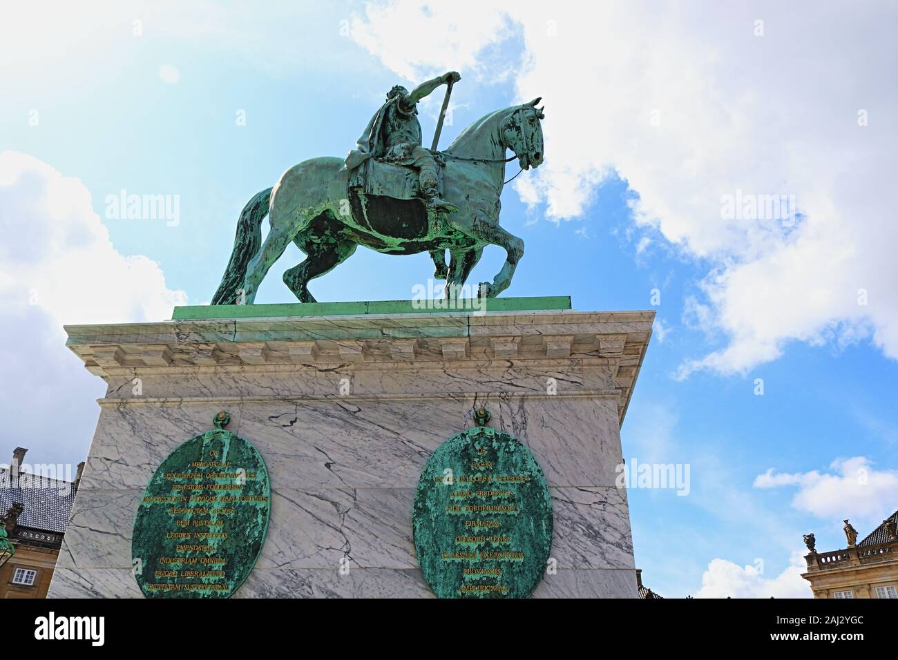 An equestrian statue of King Frederick V of Denmark stands in the ...