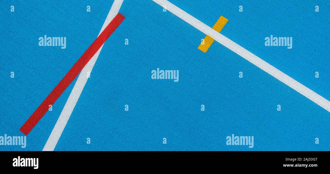 Sport background. Blue running track with white lines, yellow and red ...