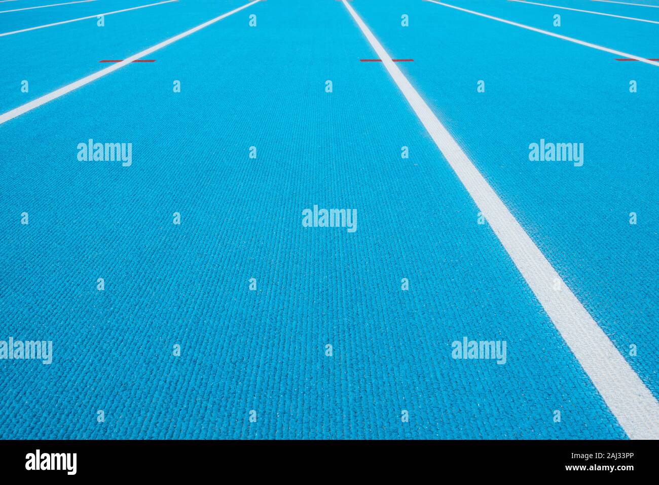 Sport background. Blue running track with white lines and red mark in ...