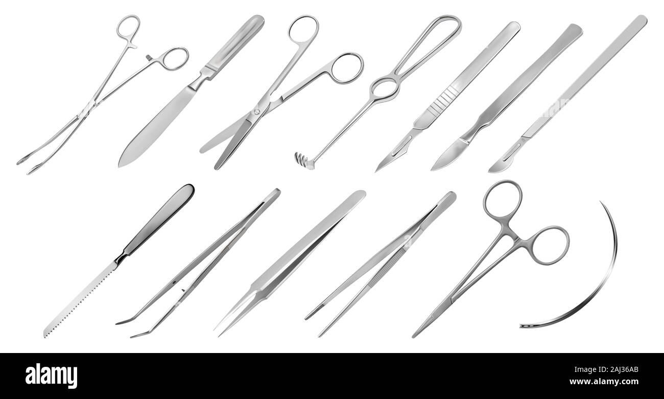 Surgical instruments. Different types of tweezers, scalpels, Liston s ...