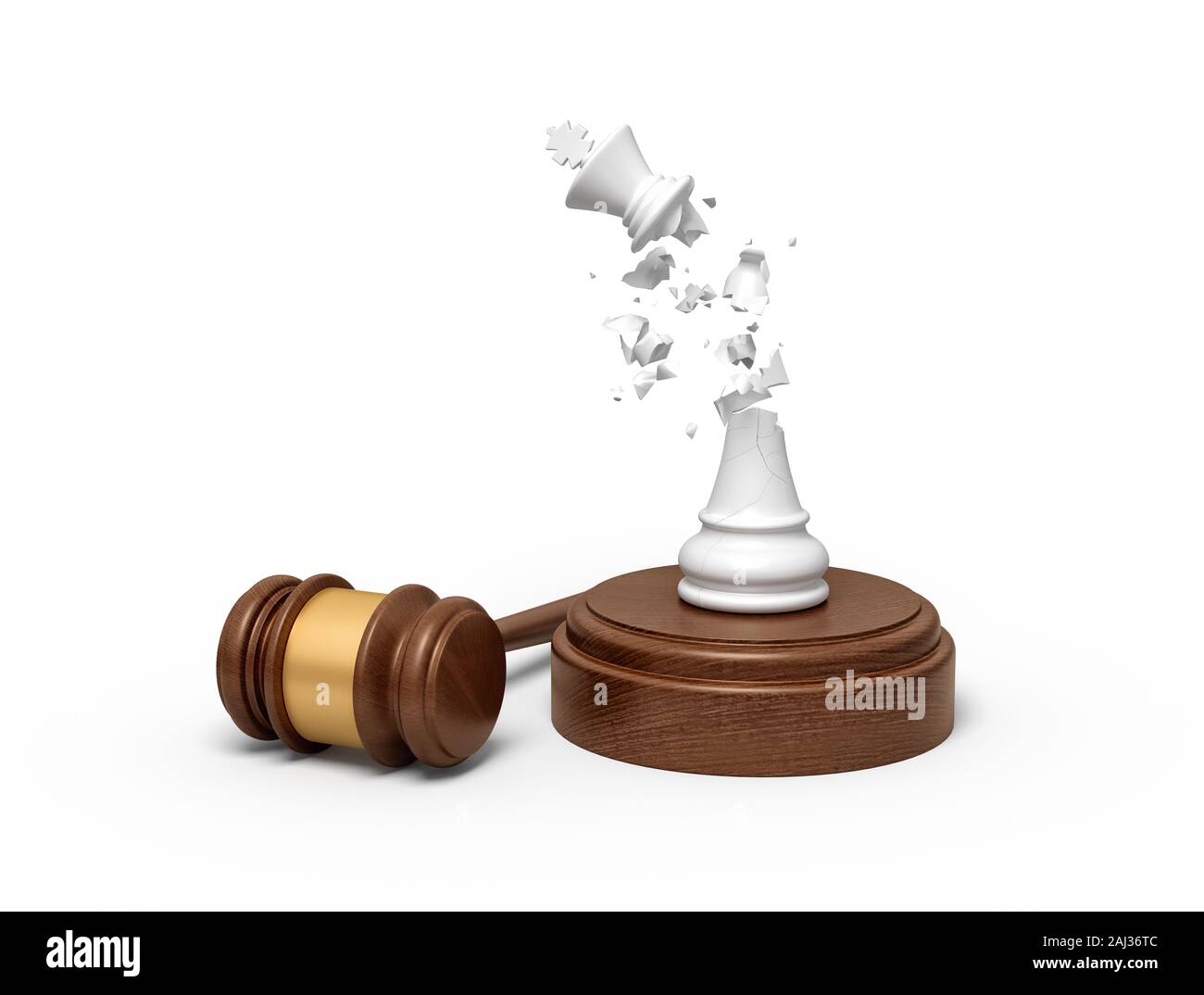 3d rendering of broken white chess king, its crumbs in air, standing on ...