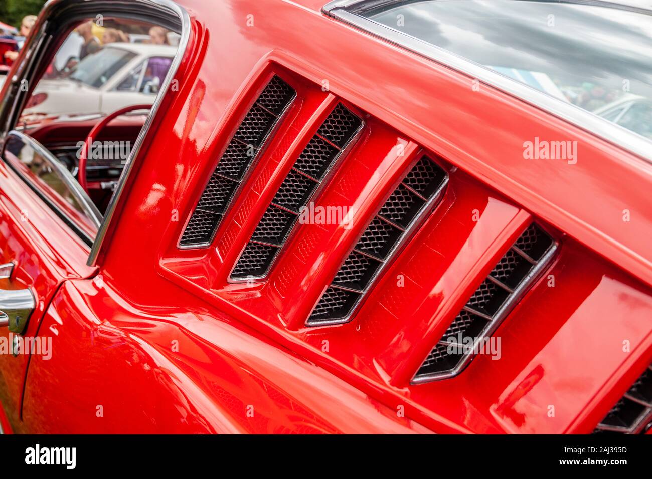 close up of vents of classic red vintage 1966 Ford Mustang Fastback ...