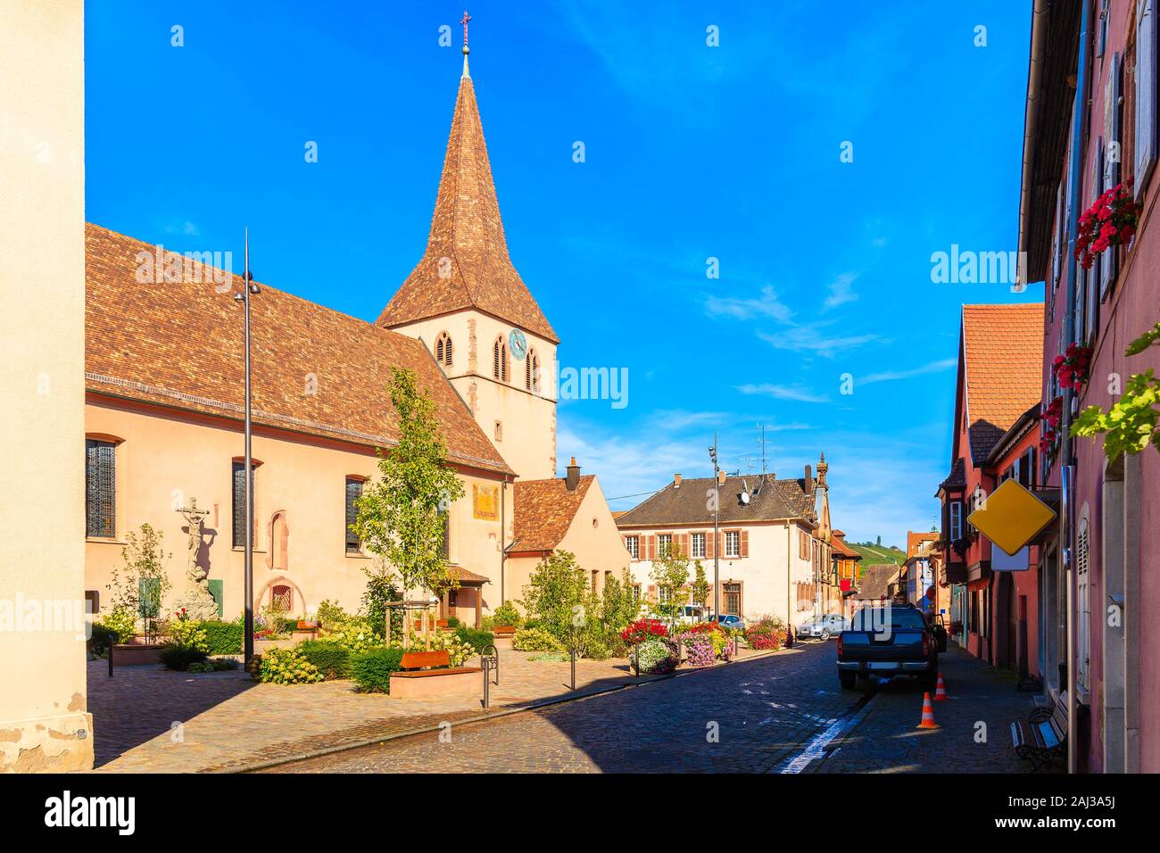 Beautiful church and traditional colorful houses in picturesque ...