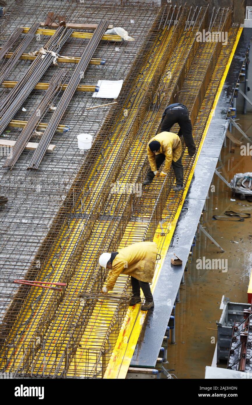 Construction site, reinforced concrete rebar, for a building ceiling ...
