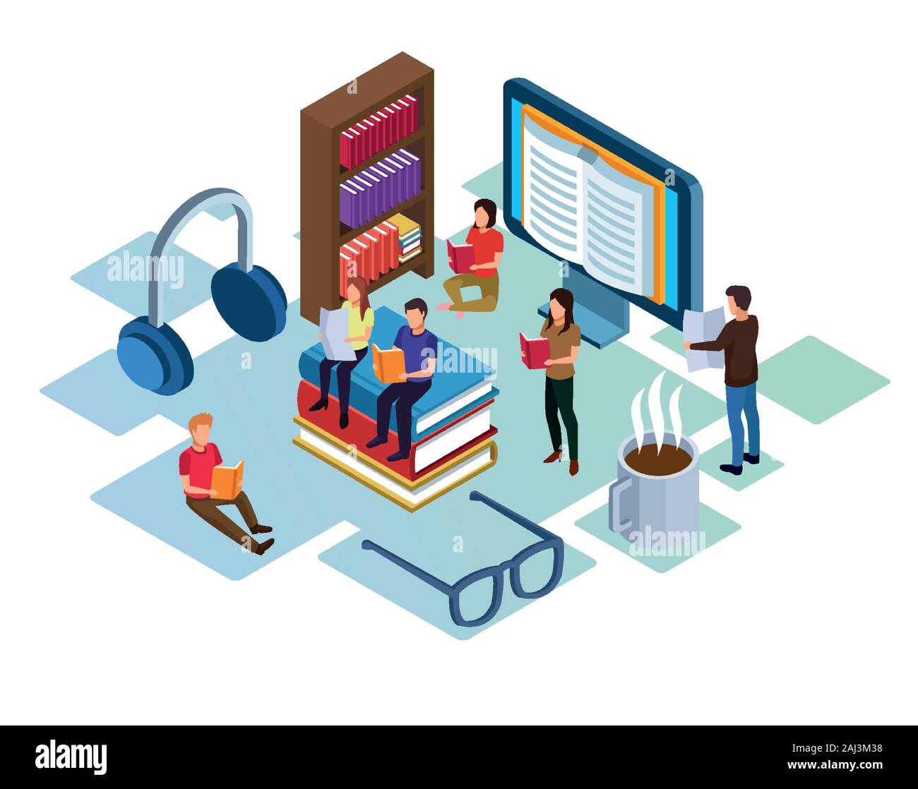 group of mini people reading electronics books Stock Vector Image & Art ...