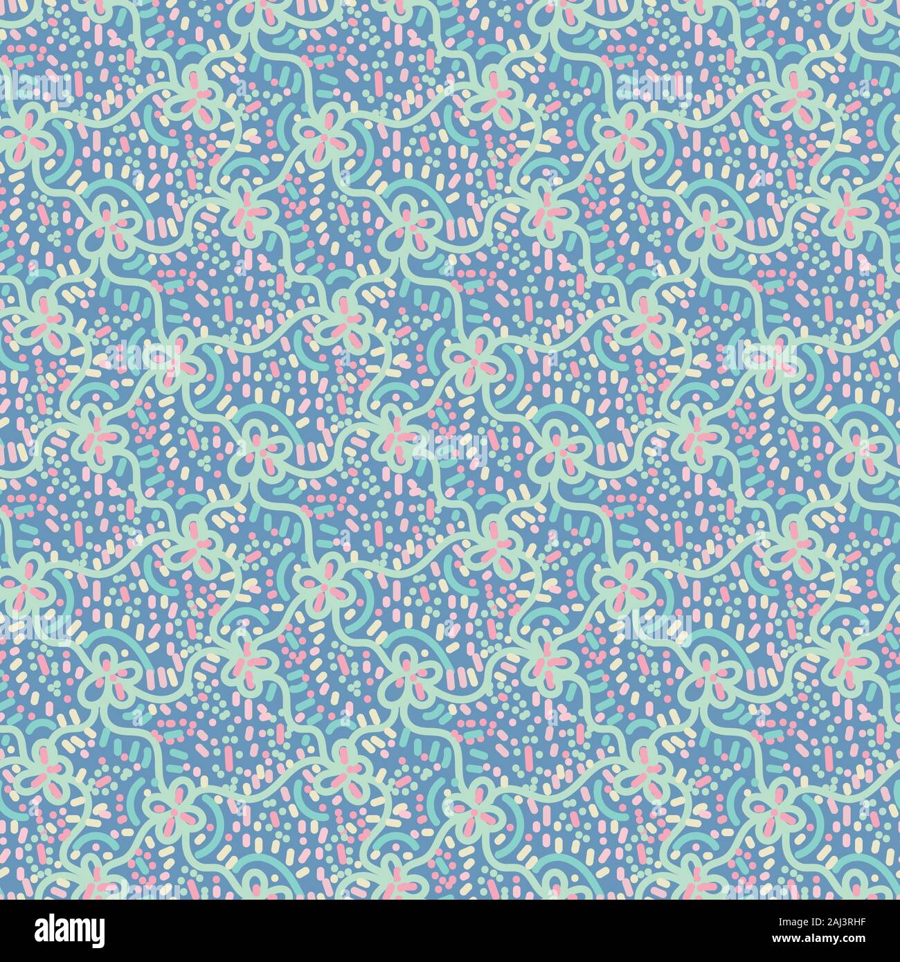 seamless doodle vector pattern with naive pastel flowers, dots and ...