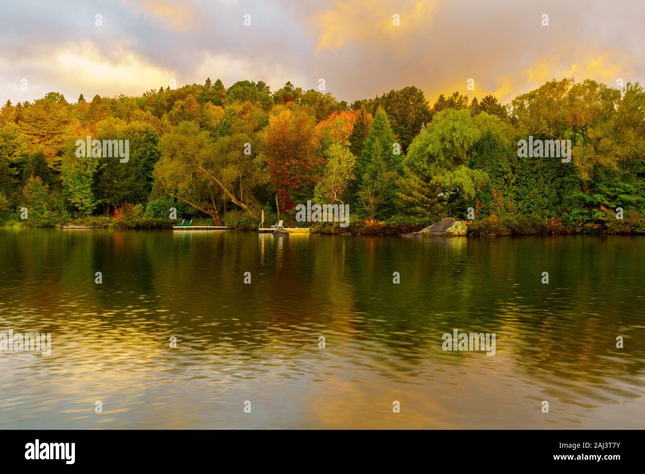 Sunrise view of the Lac Rond lake, in Sainte-Adele, Laurentian ...