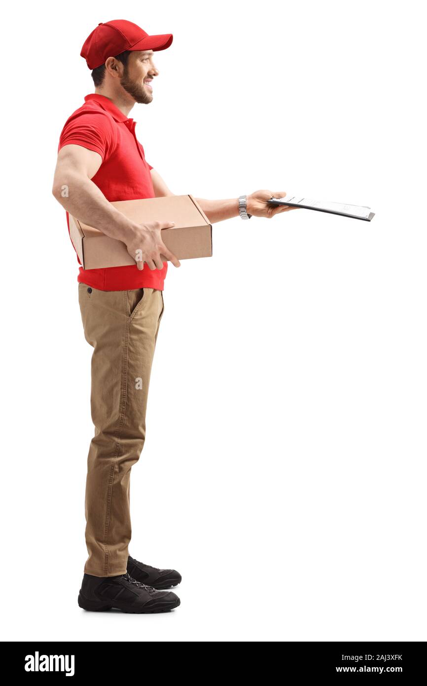 Full length profile shot of a postman delivering a package and holding ...