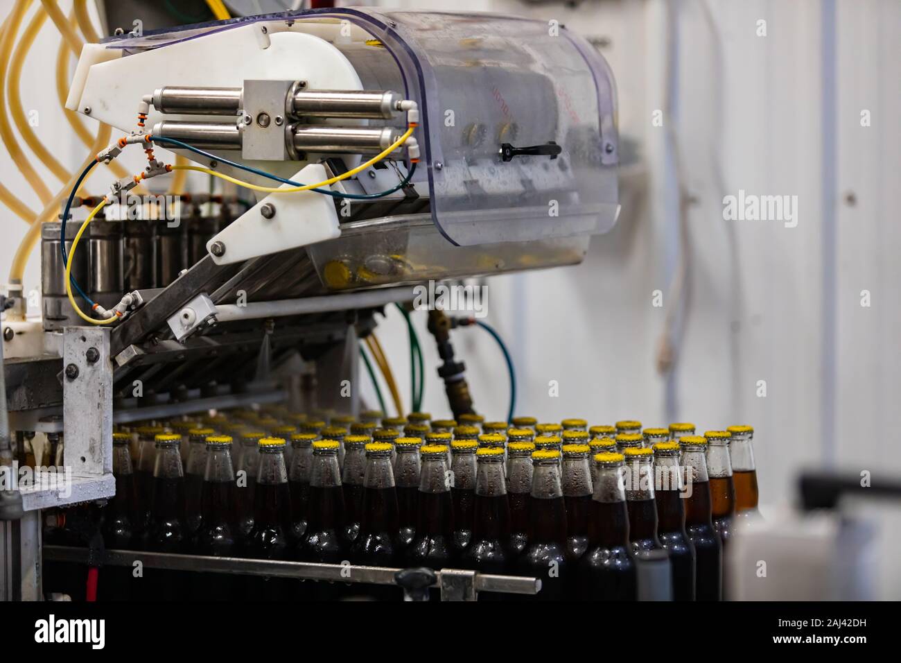 Dark beer glass bottles with yellow cap, capping bottle machine ...