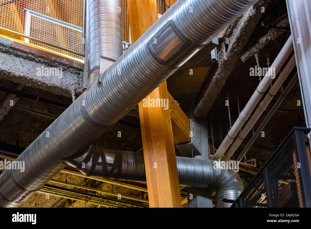 Industrial ventilation system steel ducts and pipes, tubes low angle ...