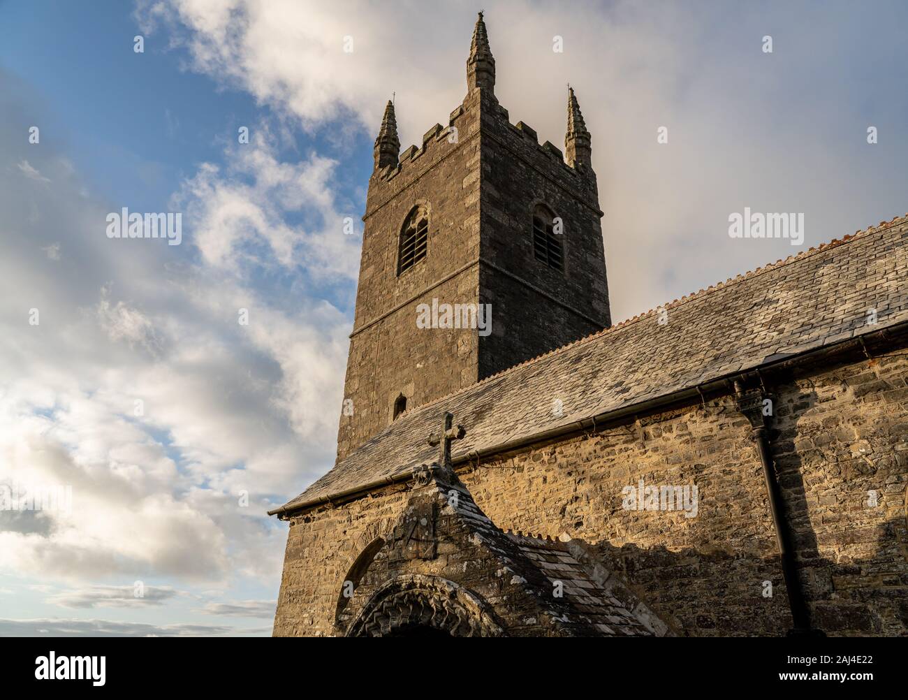 Stone tower of church of St Morwenna and St John the Baptist in in ...