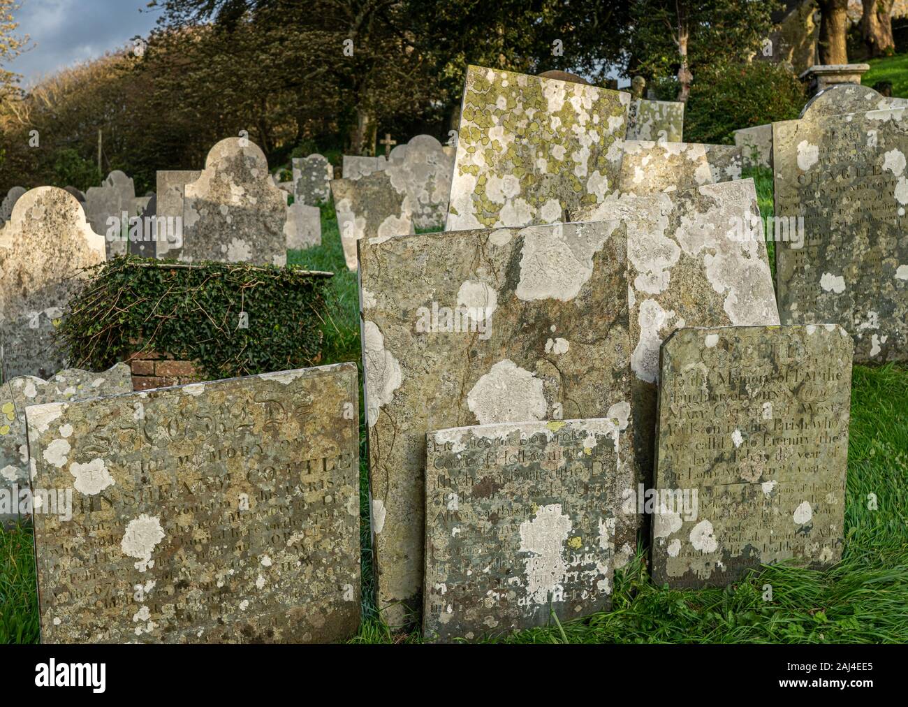Stacks of gravestones in cemetery of St Morwenna and St John the ...