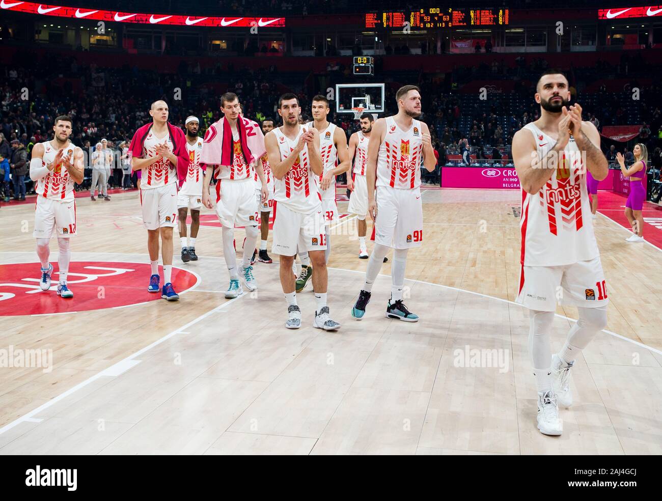Belgrade, Serbia. 2nd Jan, 2020. The players of Crvena Zvezda mts Belgrade applaud to the fans ...