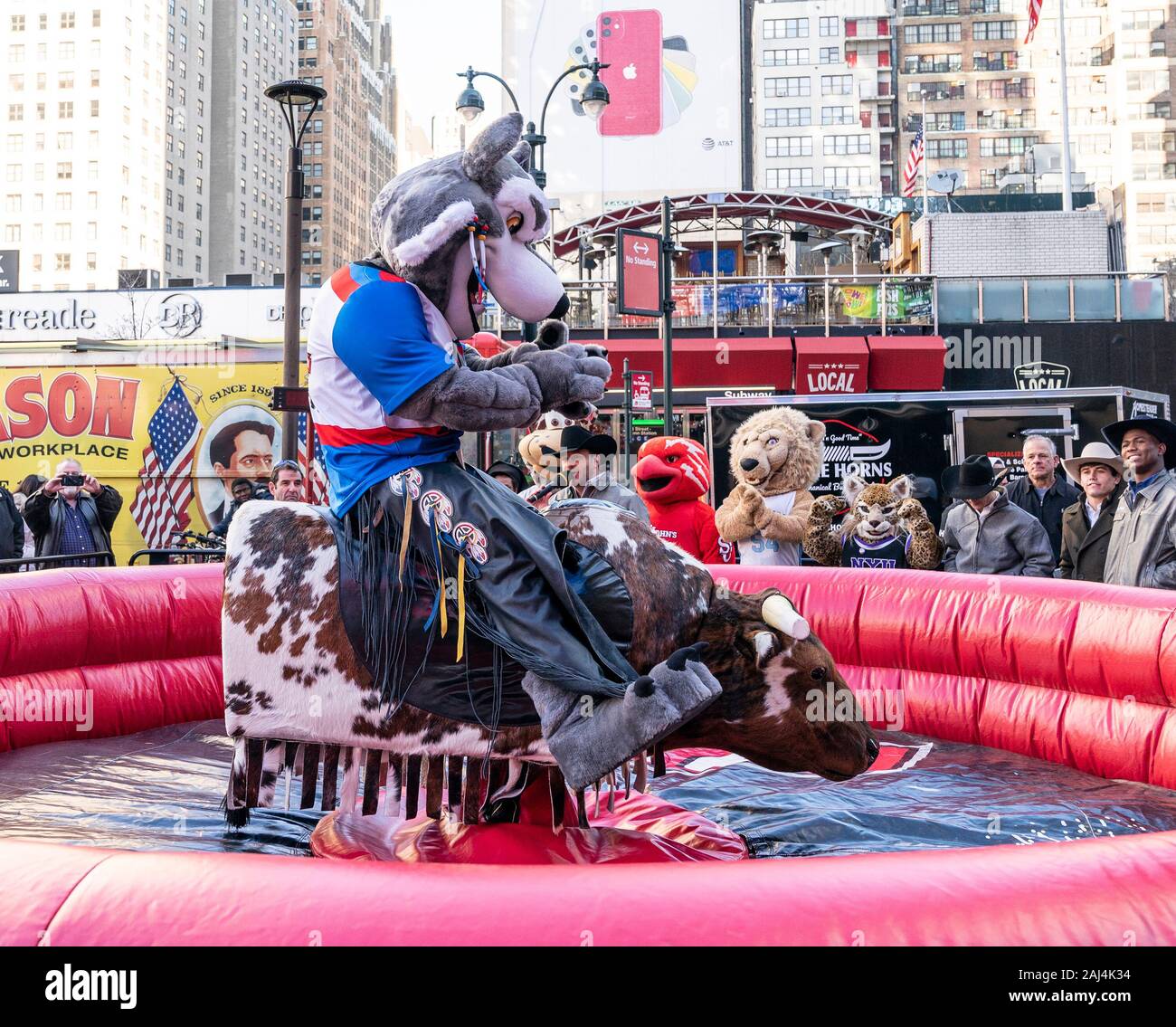 New York, United States. 02nd Jan, 2020. PBR team Wolves mascot rides ...