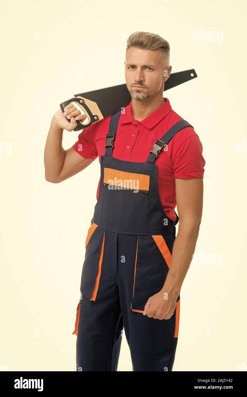 Sharp and dangerous. Builder worker carpenter handyman hold saw white ...