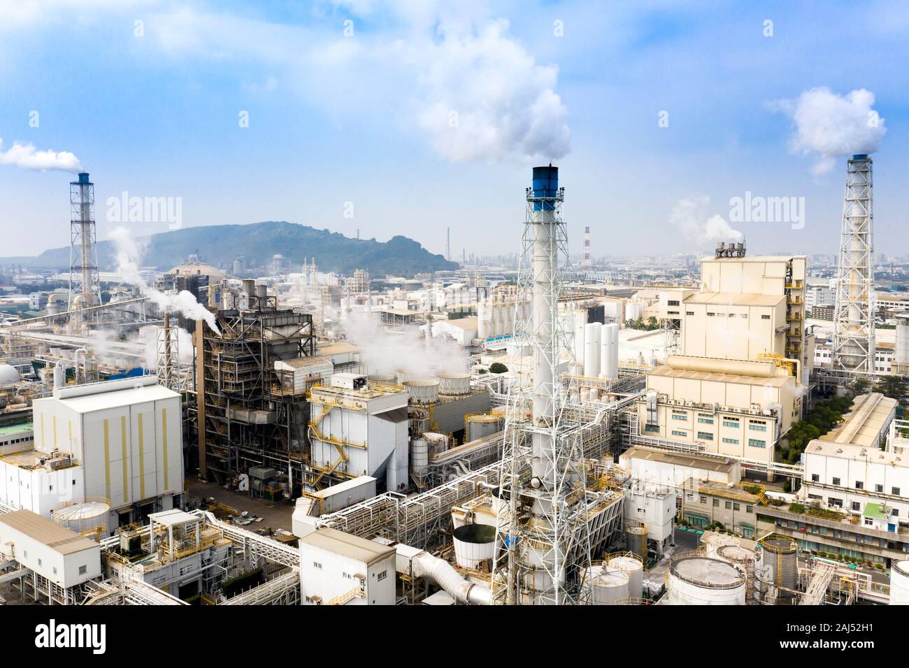 Aerial view of industrial area with chemical plant. Smoking chimney ...