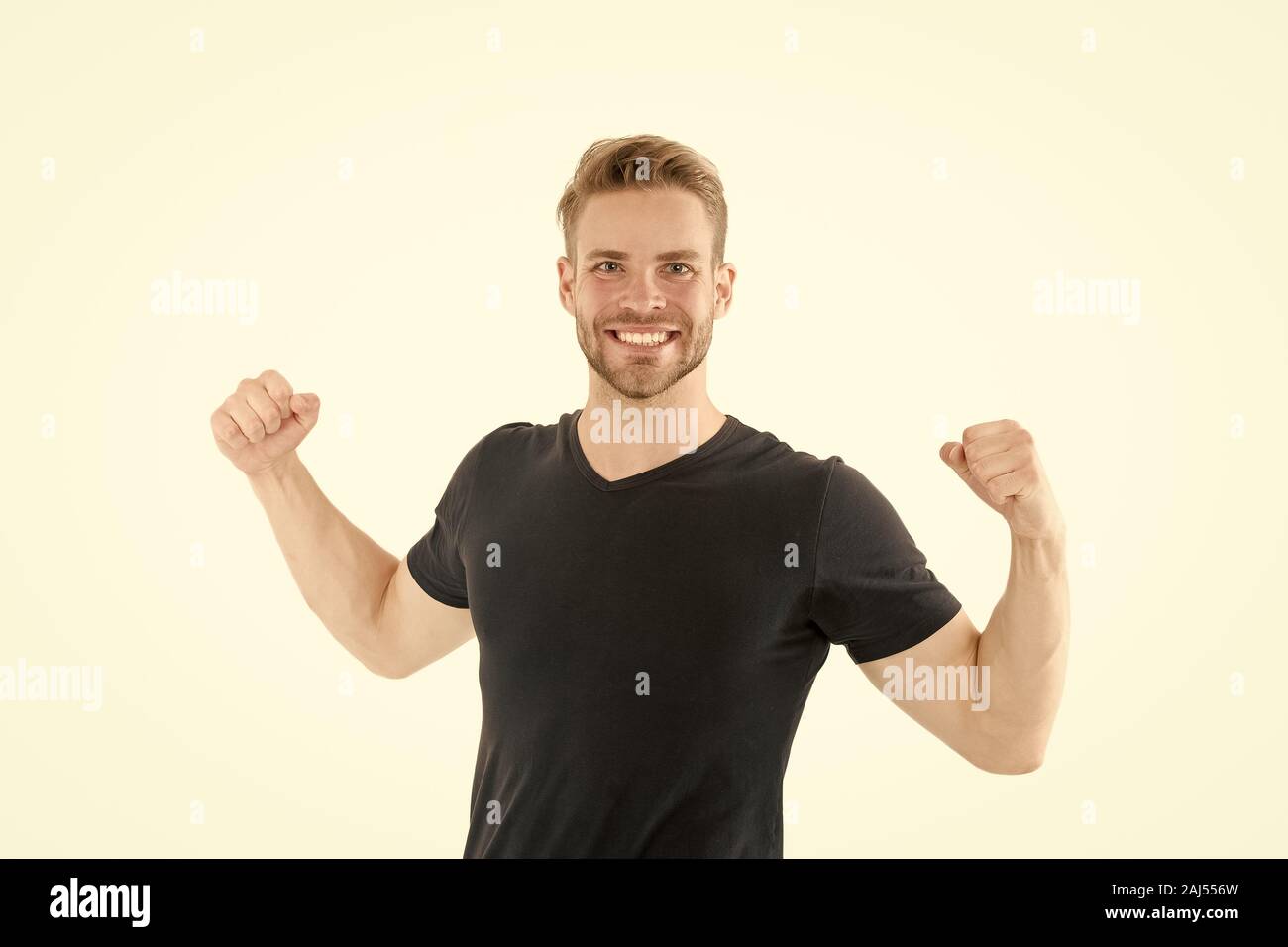 Victory and success. Champion winner. Successful guy celebrating ...