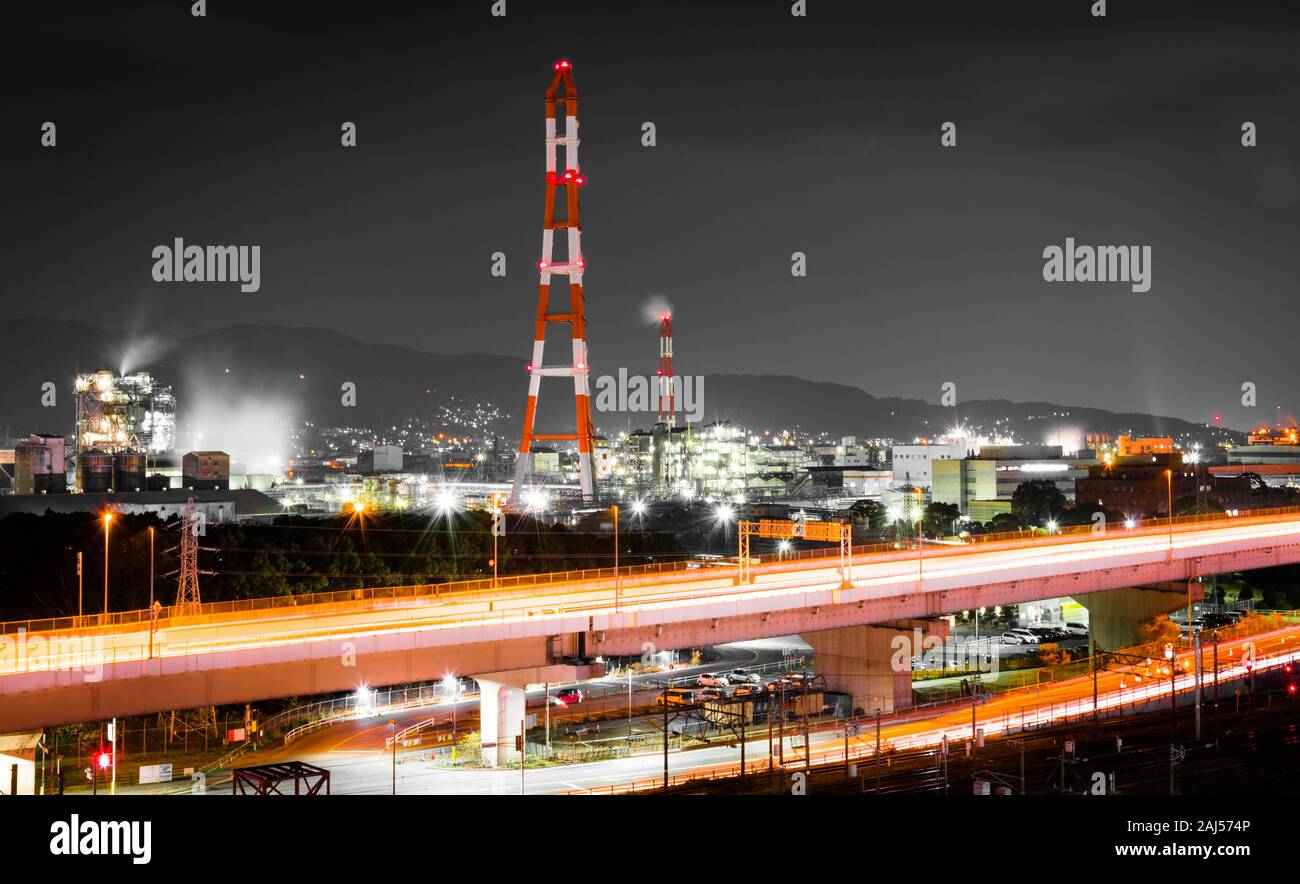 Night scape picture of industrial works and factory with big and tall ...