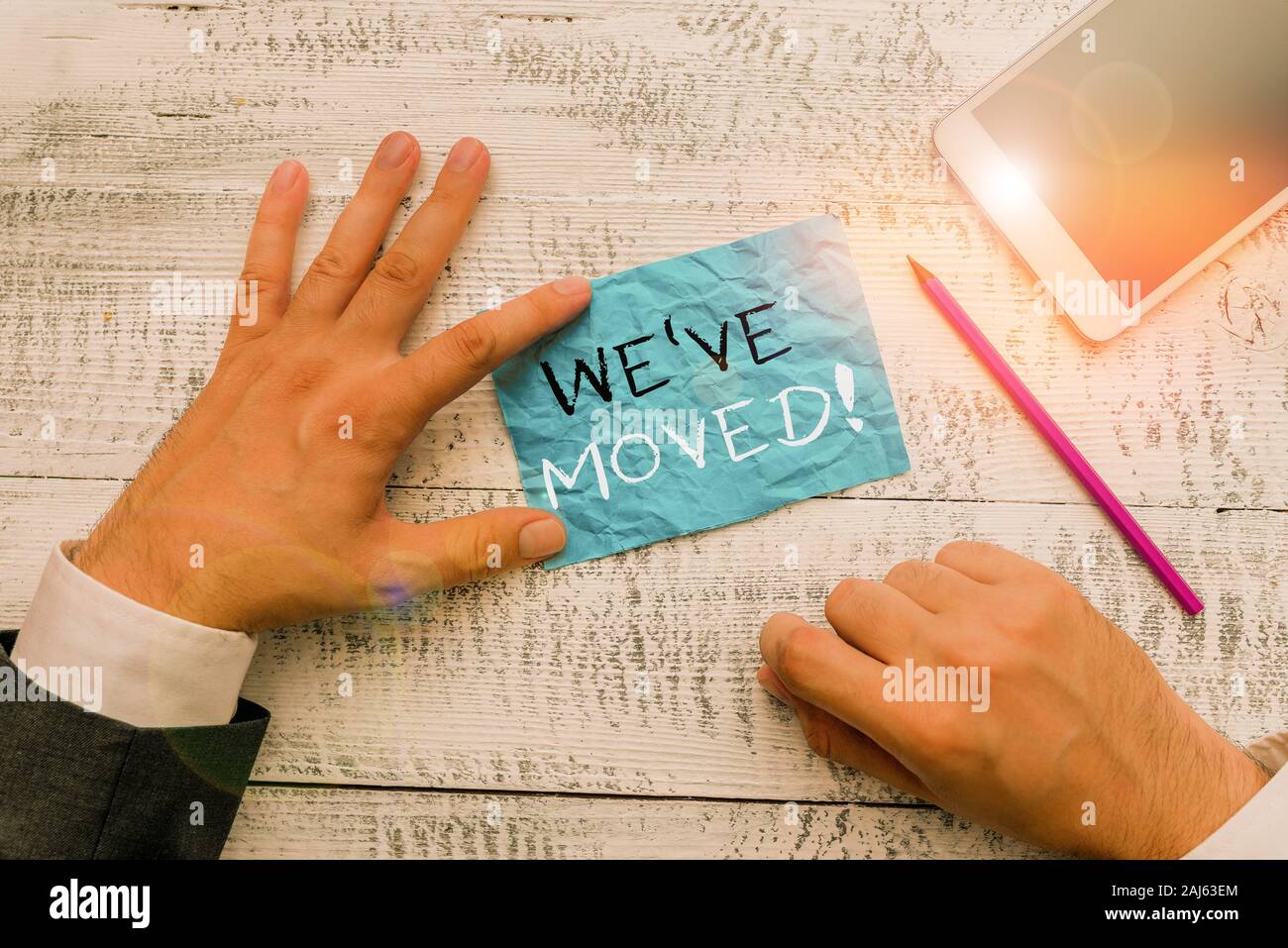 Writing note showing We Ve Moved. Business concept for having strong ...