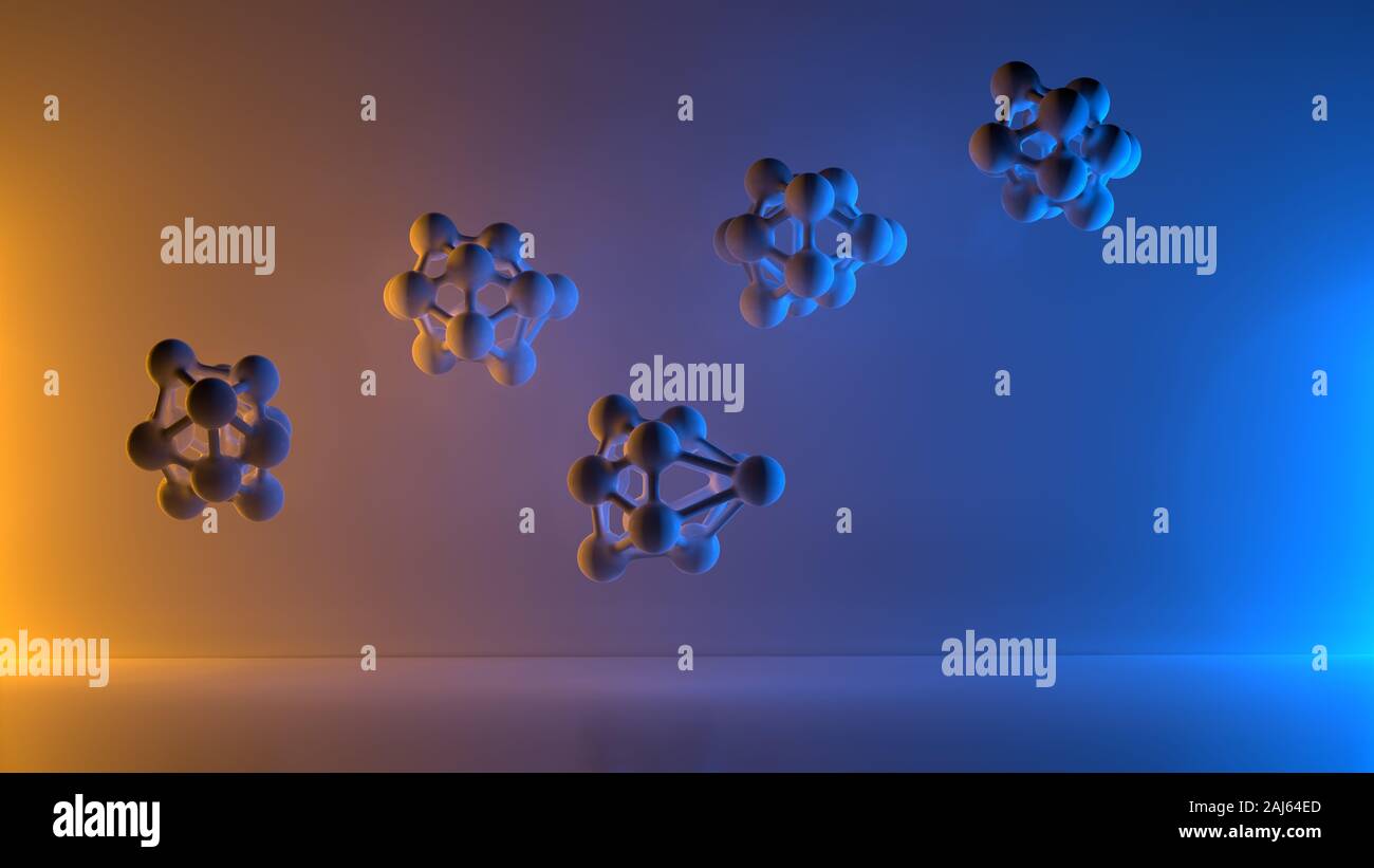 molecule colorful illustration over orange and blue lit background. 3d ...
