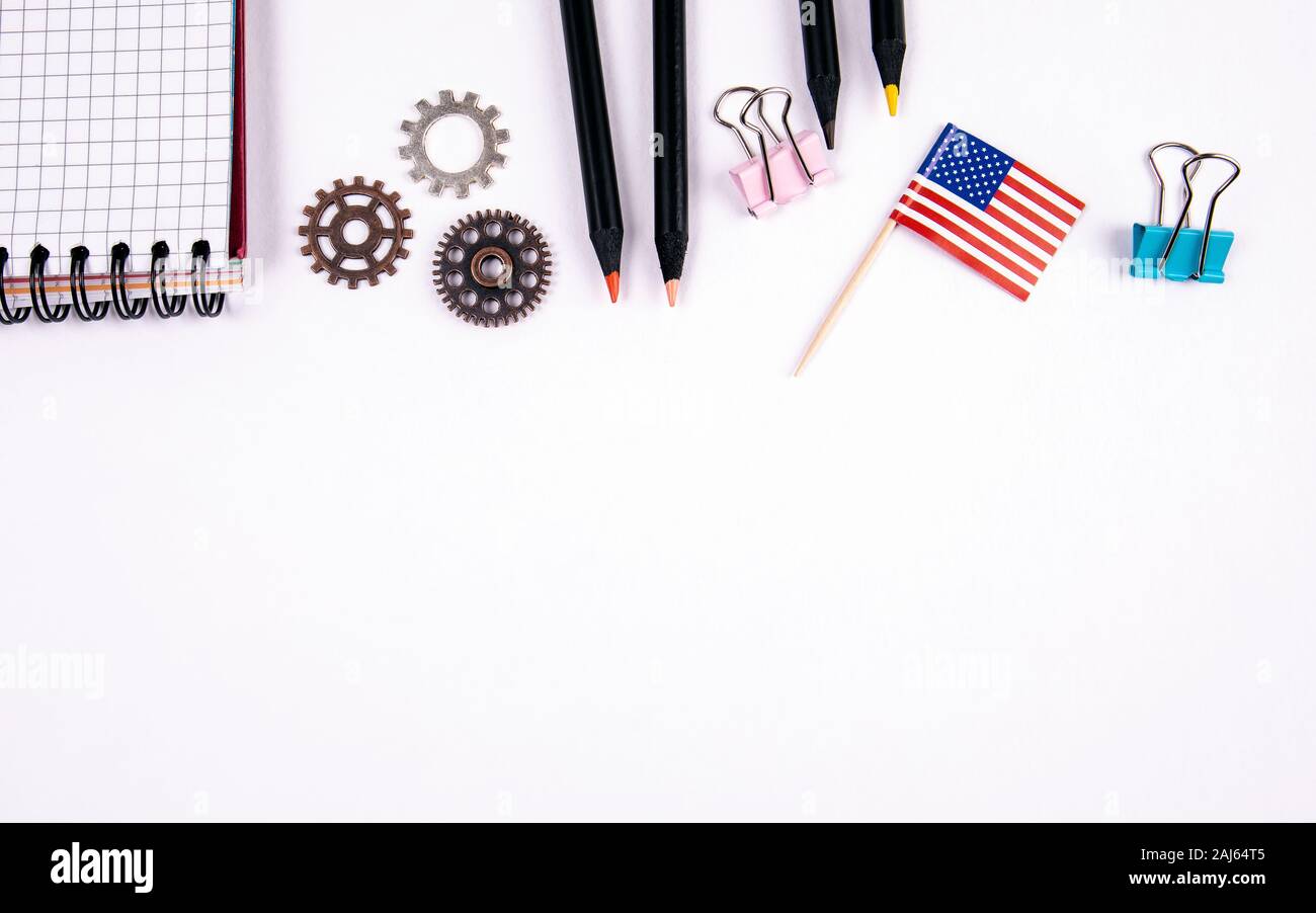 Flag of the United States of America. Stationery, note book and gears ...