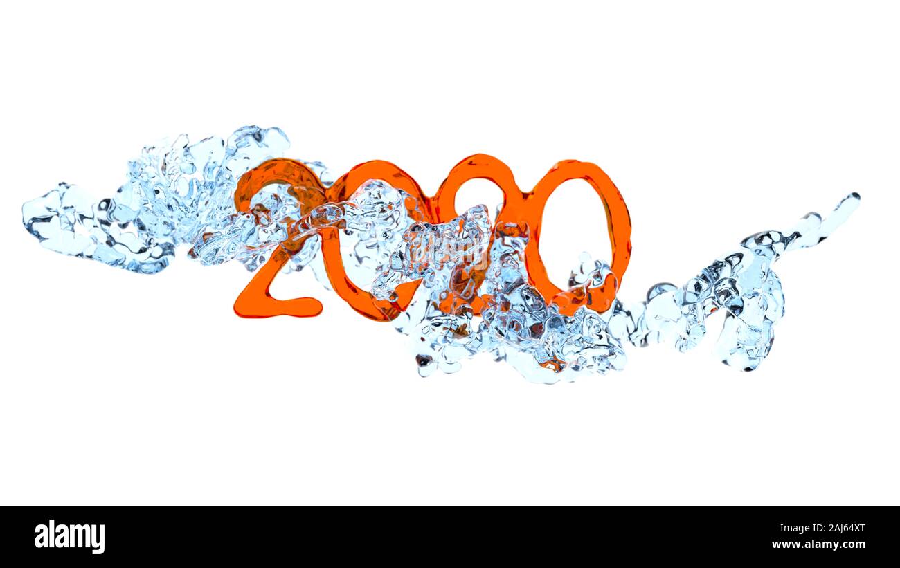 2020 numbers made of orange or red jucie, ice or glass and the blue ...