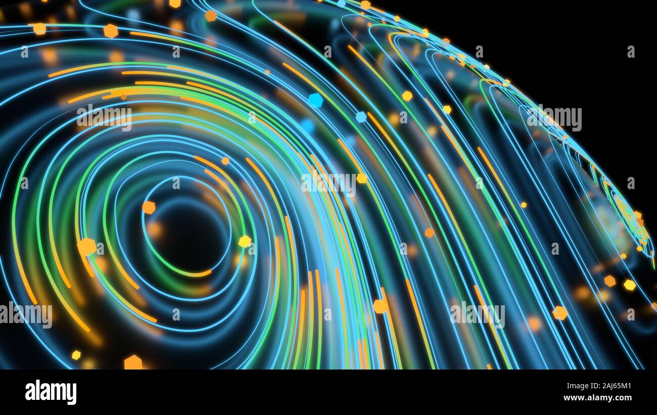 Neon glowing twisted cosmic lines on the surface of the planet ...