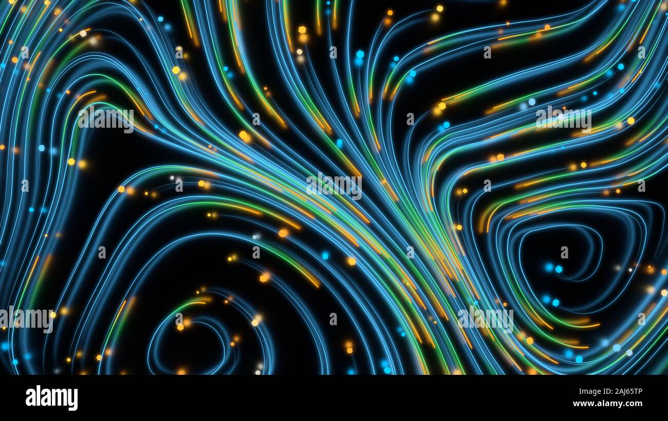 Neon glowing twisted cosmic lines on the surface of the planet ...