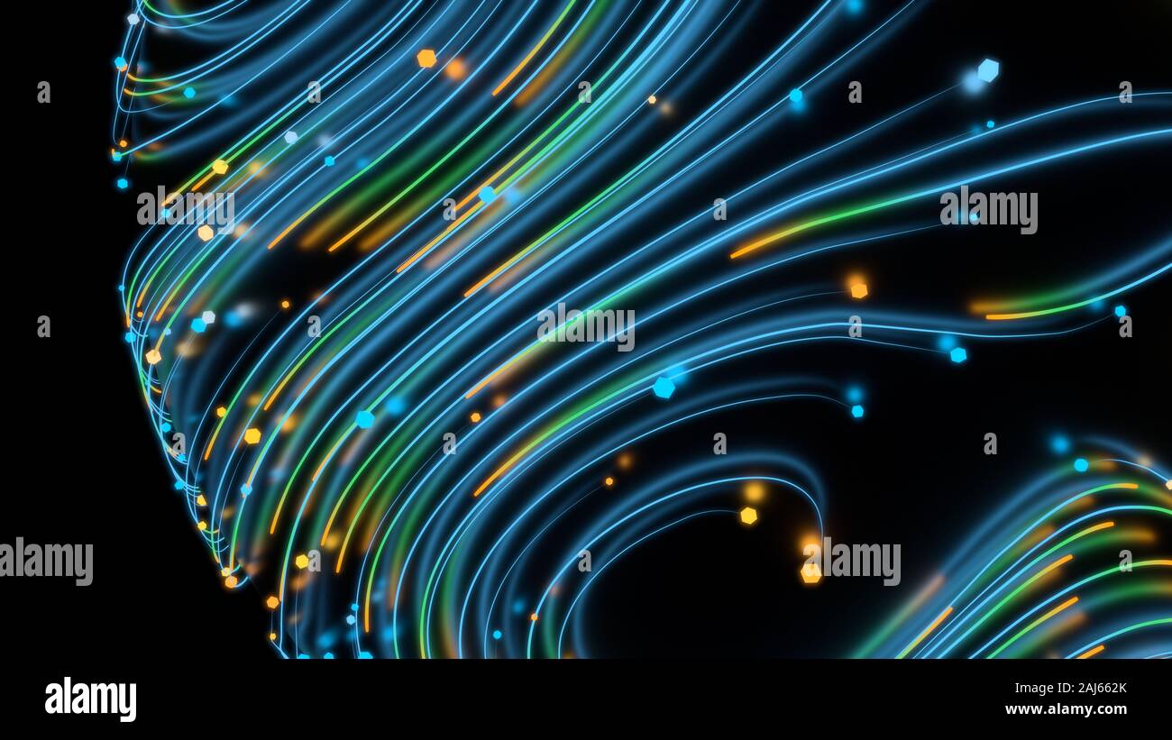 Neon glowing twisted cosmic lines on the surface of the planet ...