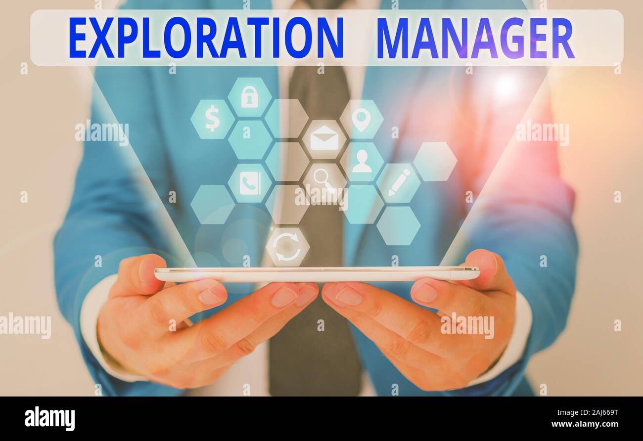 Word writing text Exploration Manager. Business photo showcasing lead and operate the mining ...