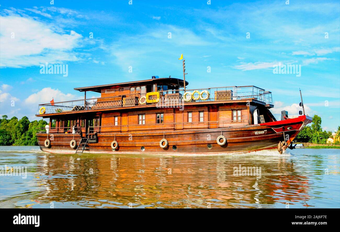 Mekong Delta, Vietnam; May 26 2014. Luxury cruiser in the Mekong Delta ...