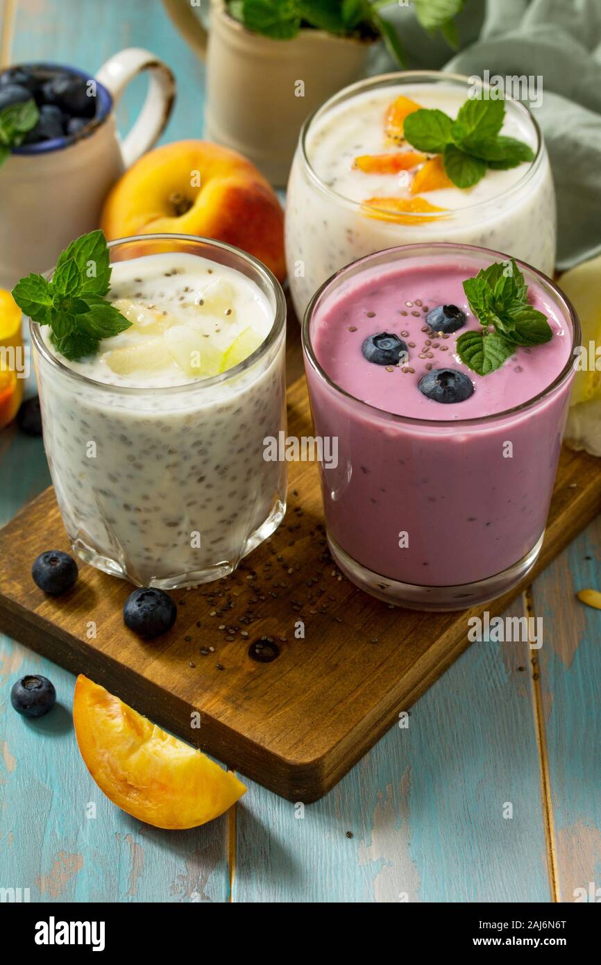 Healthy Chia set. Pudding in a glass with blueberry, with melon and ...