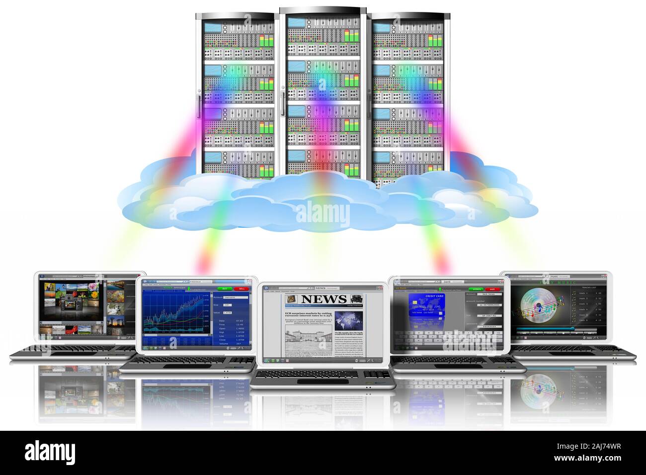 3D illustration. Server computer data. Connection and storing computer ...