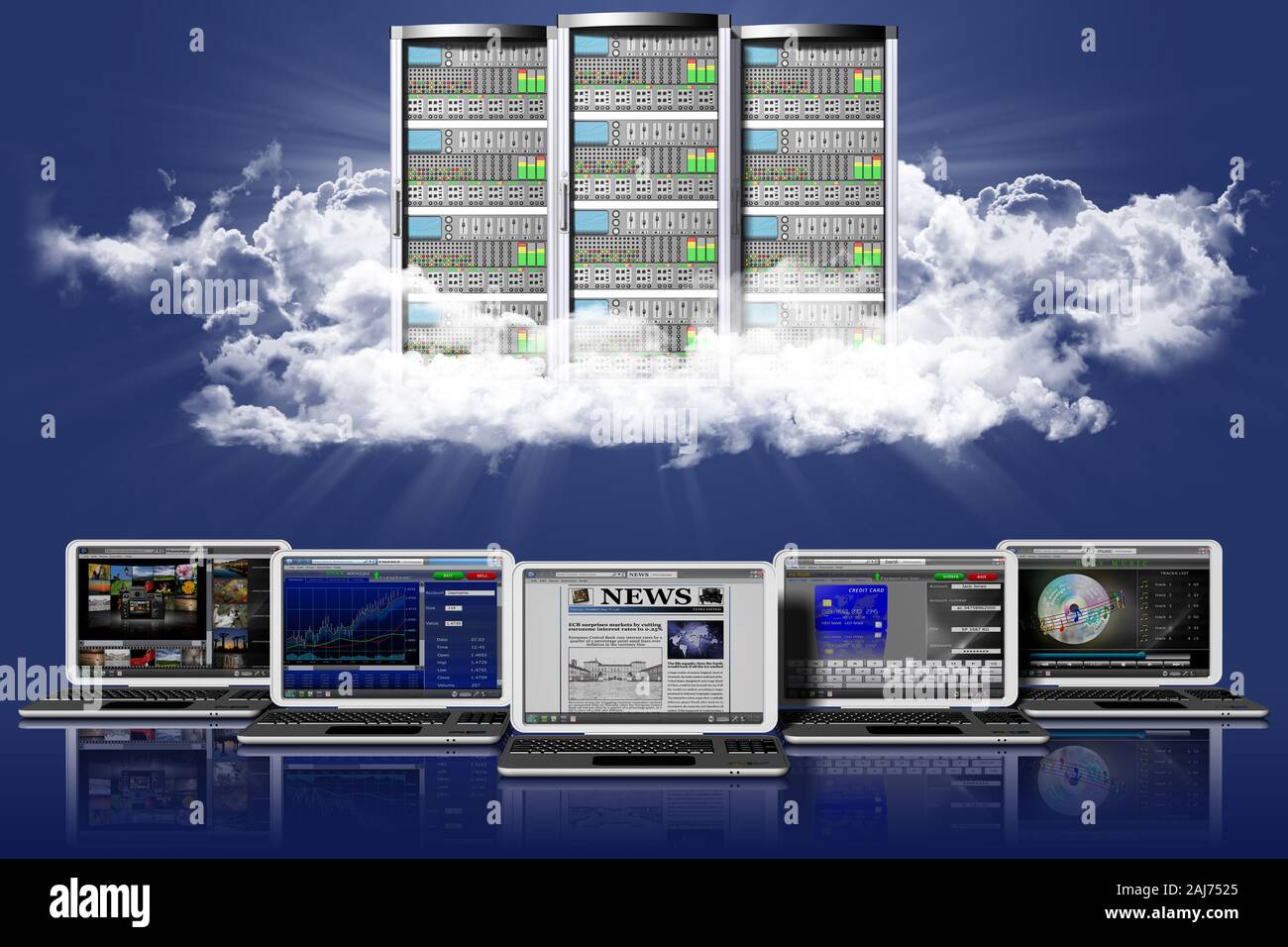3D illustration. Server computer data. Connection and storing computer ...