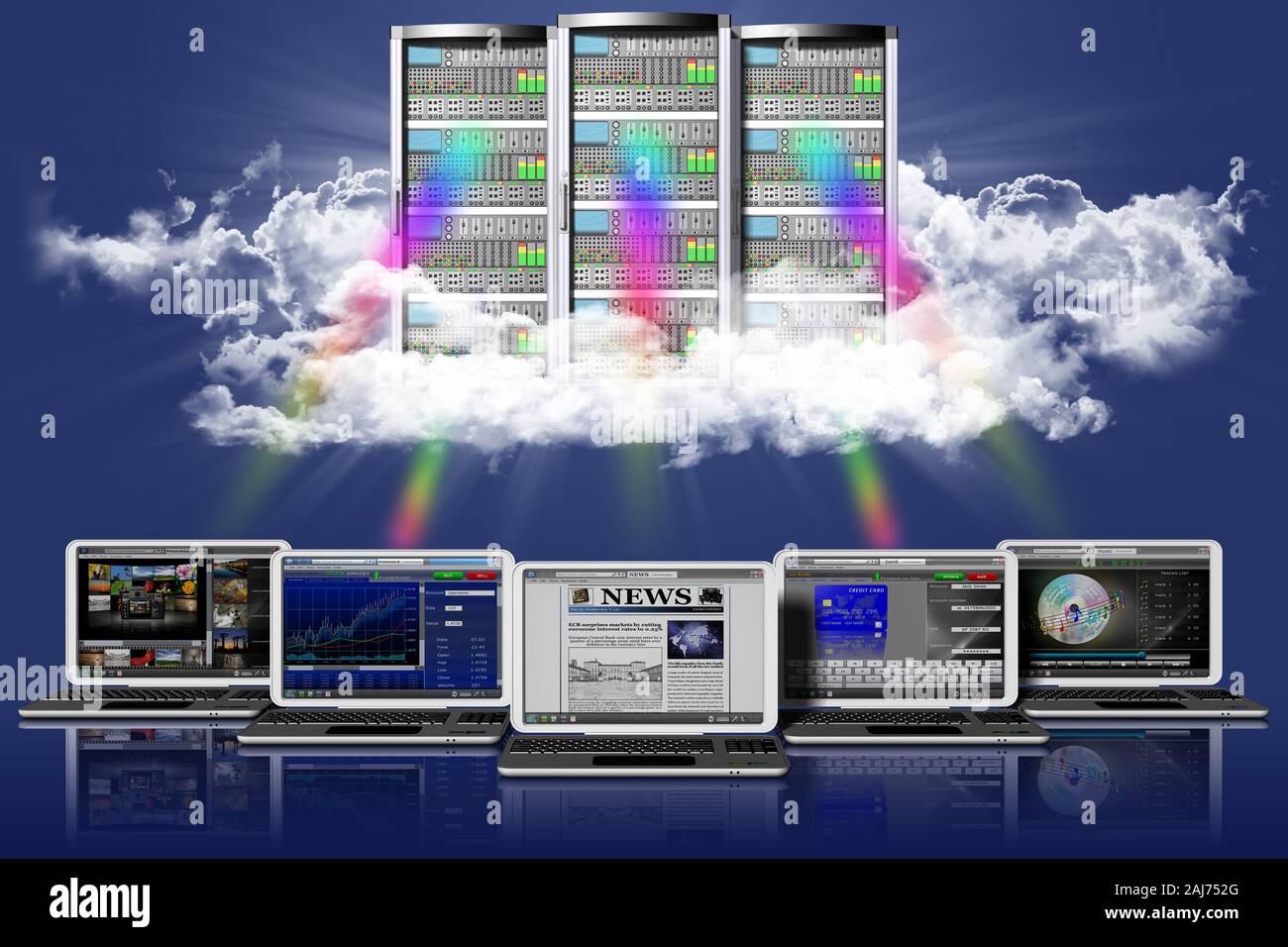 3D illustration. Server computer data. Connection and storing computer ...
