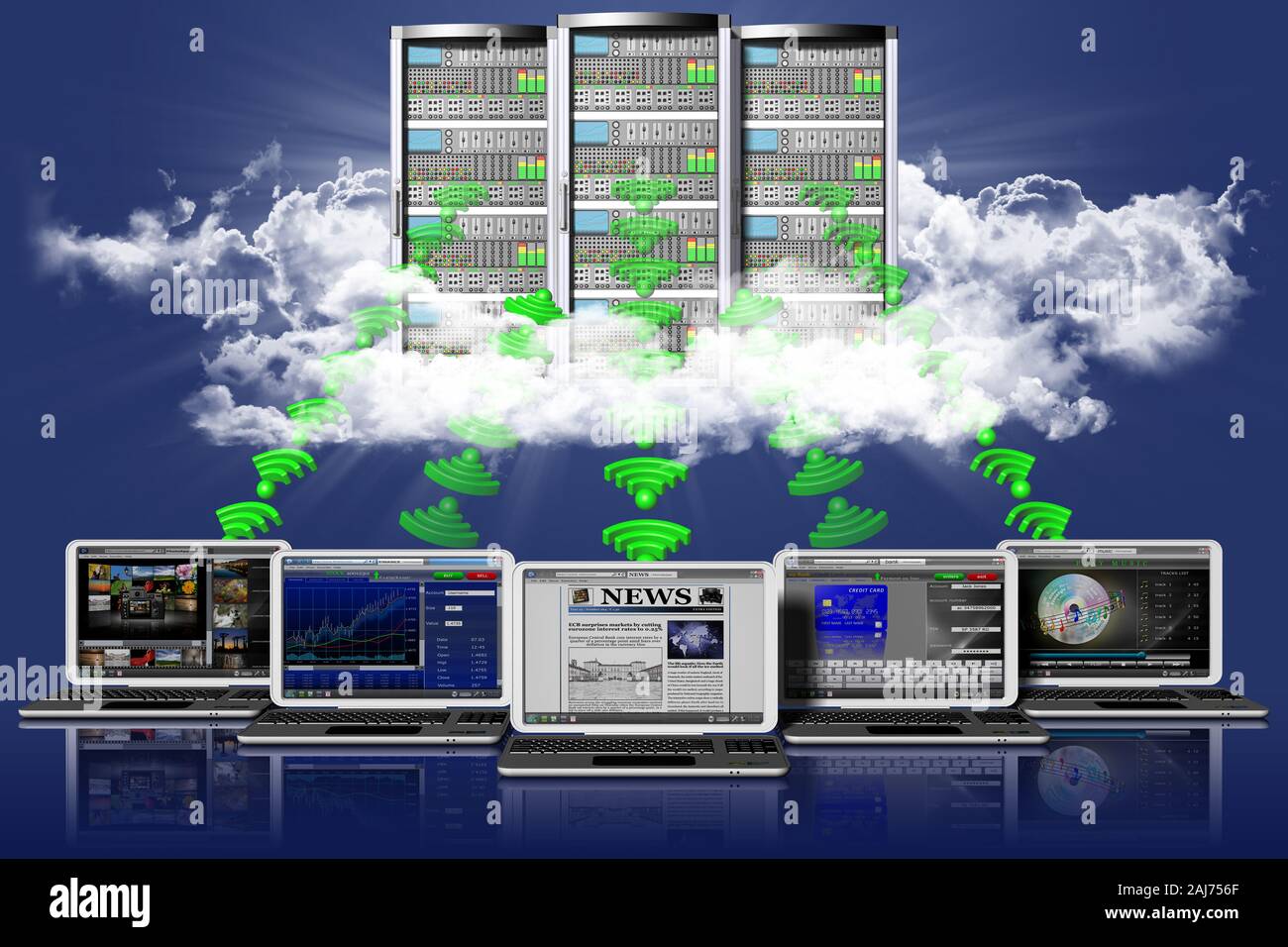 3D illustration. Server computer data. Connection and storing computer ...