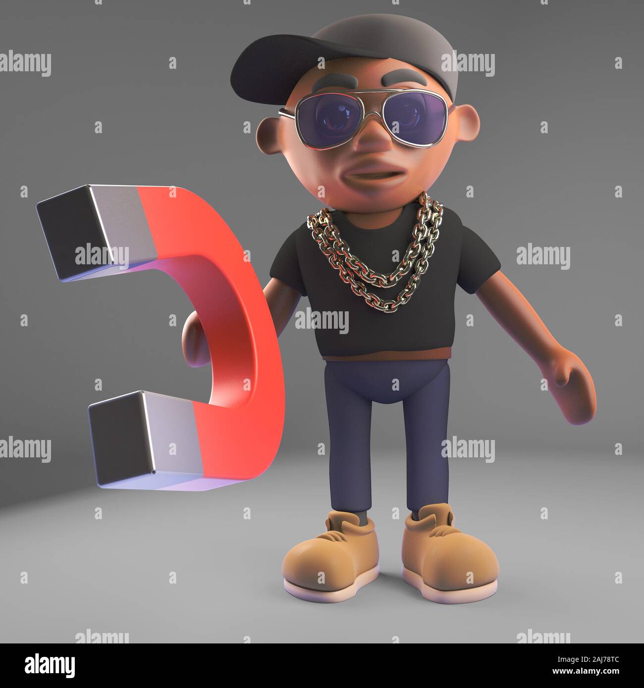 3d black hip hop rapper in basketball cap holding a large magnet, 3d ...