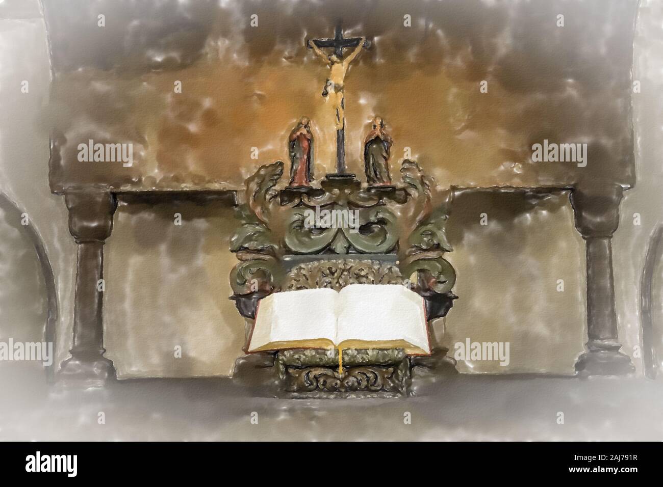 watercolor illustration: Carved Jesus figure on the cross with praying ...