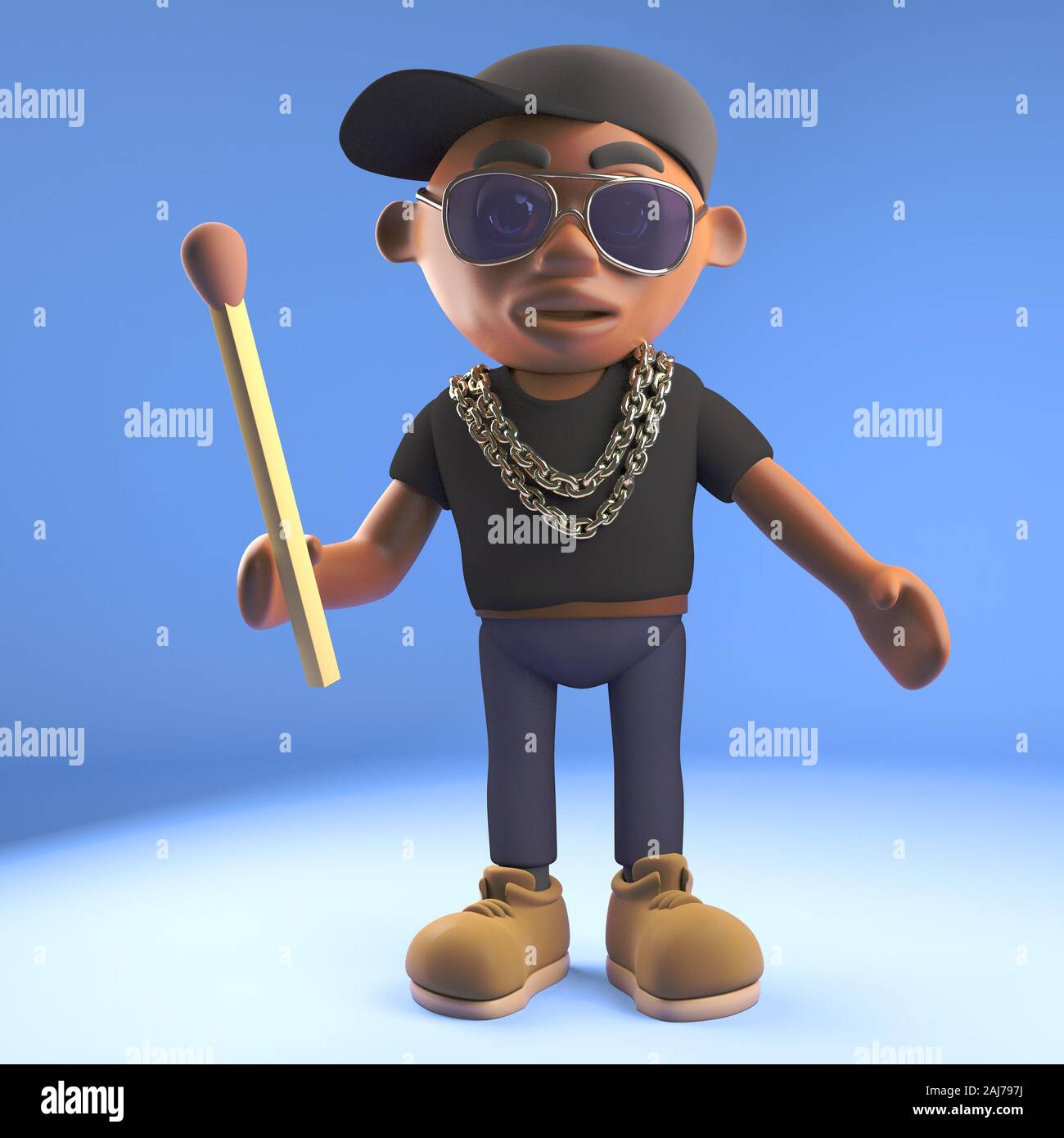 Cartoon 3d black hip hop rapper in baseball cap holding an unlit match ...