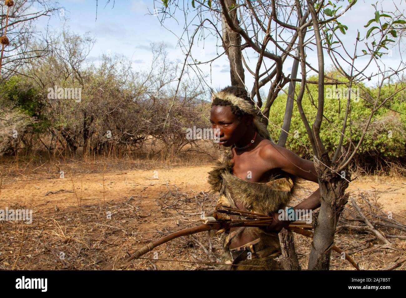Hunters with bows and arrows of the Hadzabe indigenous ethnic group in ...