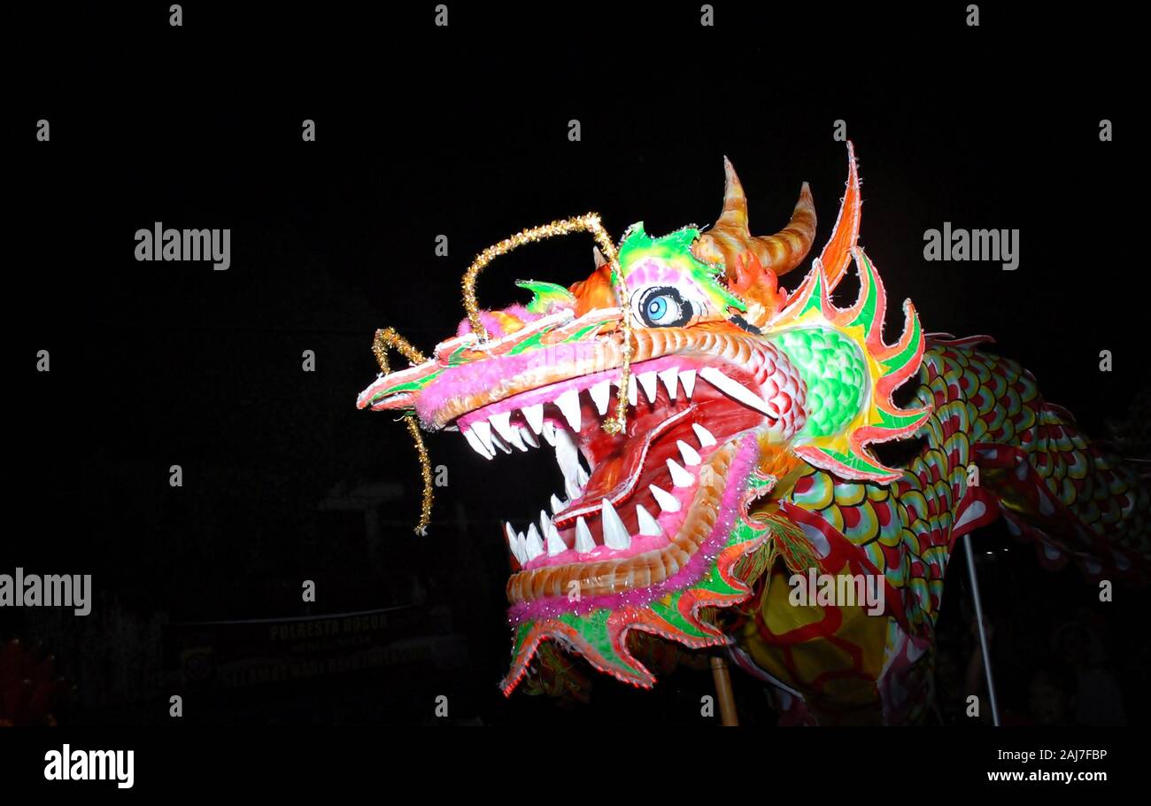 The head of a dragon puppet in Chinese new year celebration festival ...