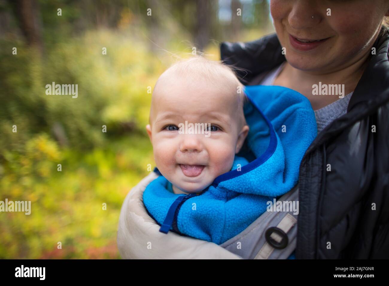 Portrait of mother holding baby in a front carrier Stock Photo - Alamy