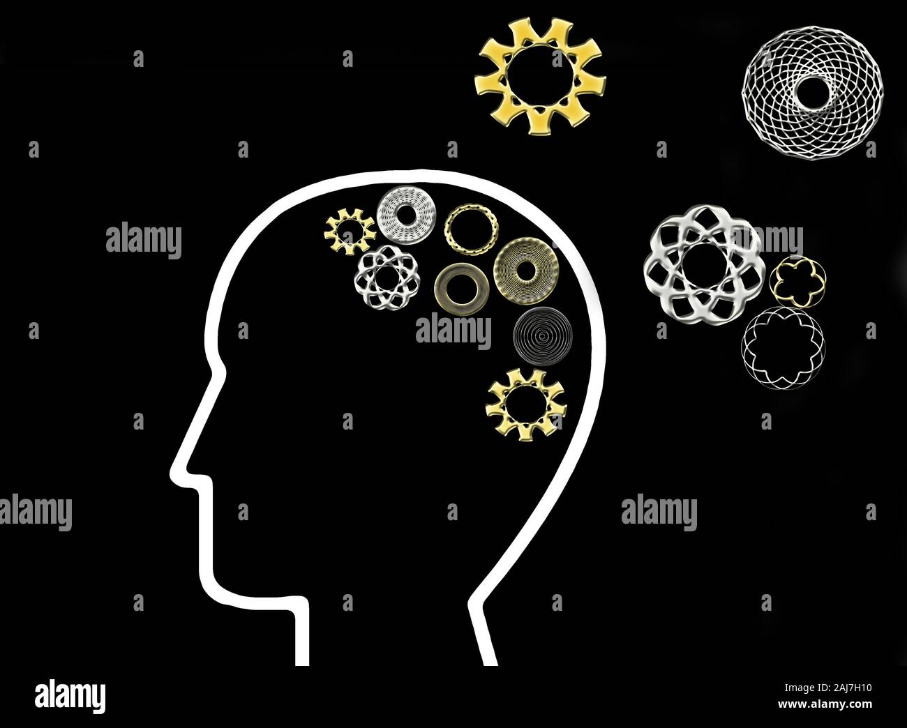 Jewelry gears inside human head conceptual mind and brain 3d render ...
