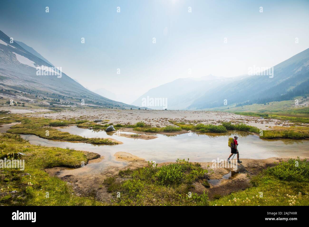 Side view of backpacker hiking next to stream in lush valley Stock ...