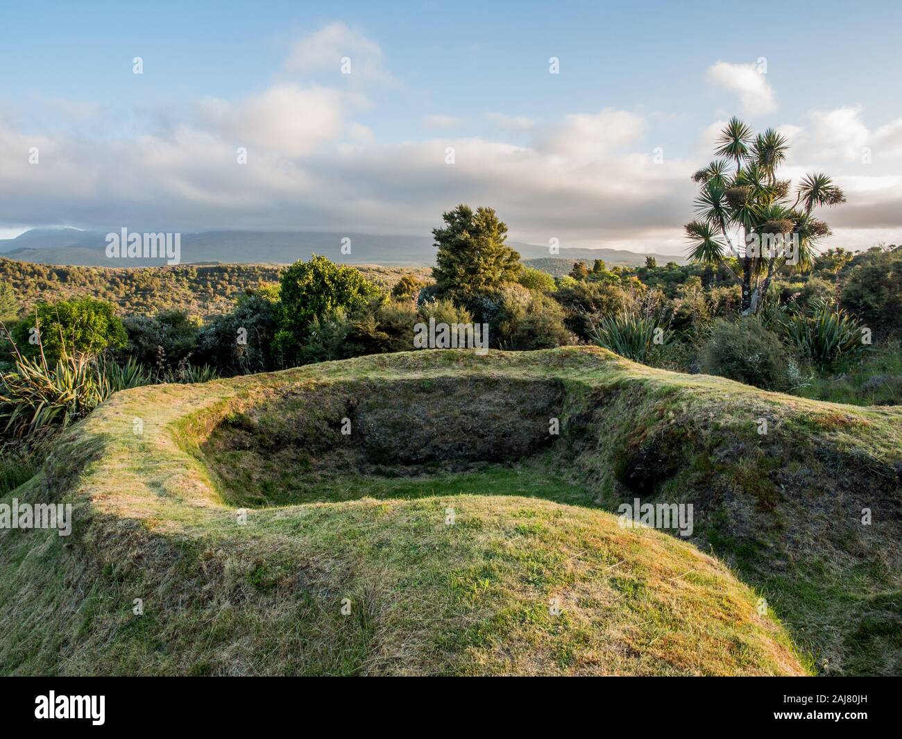 Te Porere, the earthworks of the upper redoubt, summer. Tongariro, New ...