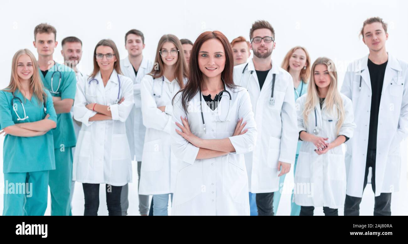 top view. a group of smiling doctors pointing at you Stock Photo - Alamy
