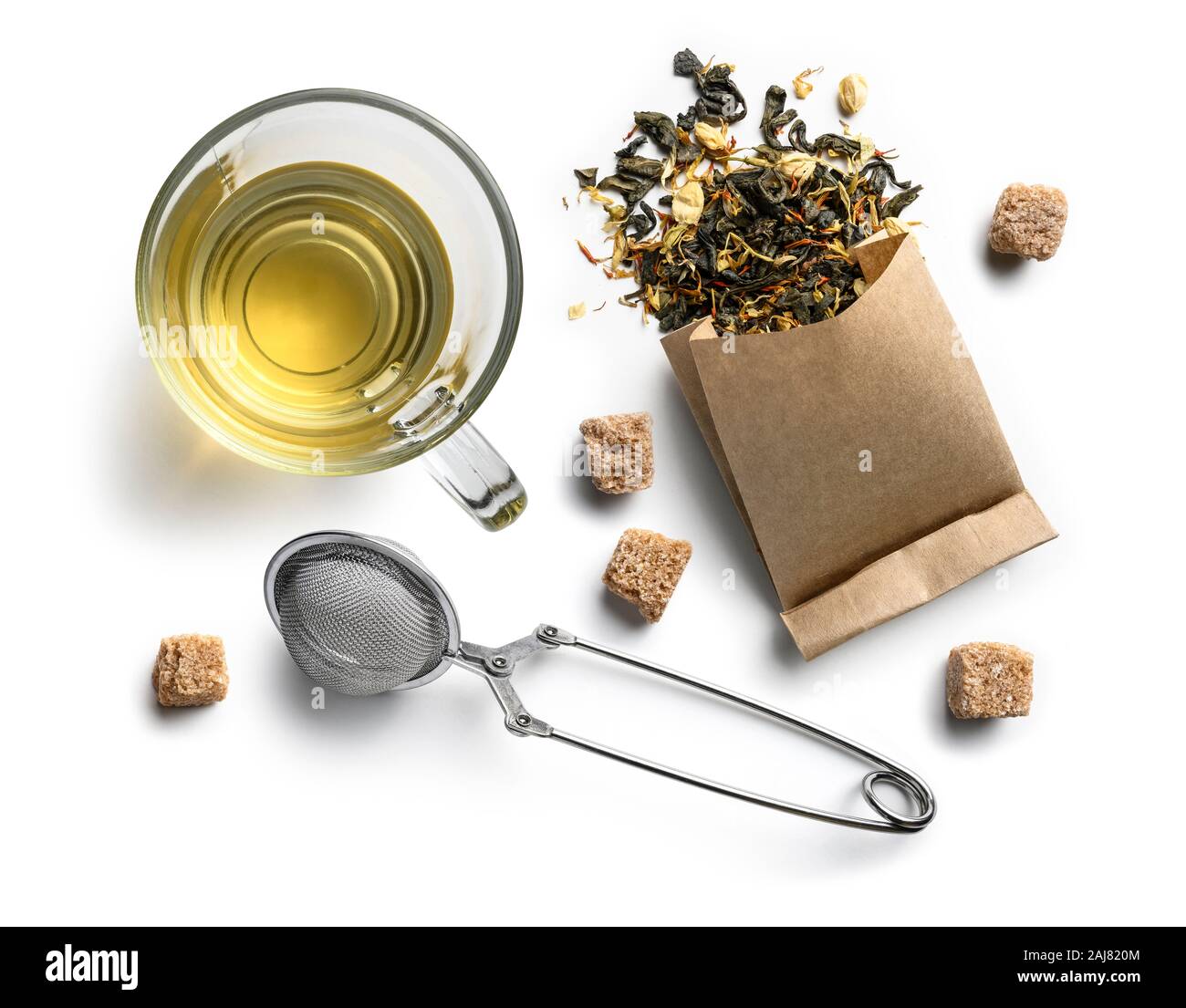 Green tea with natural aromatic additives and a Cup of tea. Top view on ...