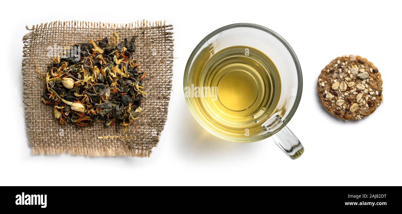 Green tea with natural aromatic additives and a Cup of tea. Top view on ...