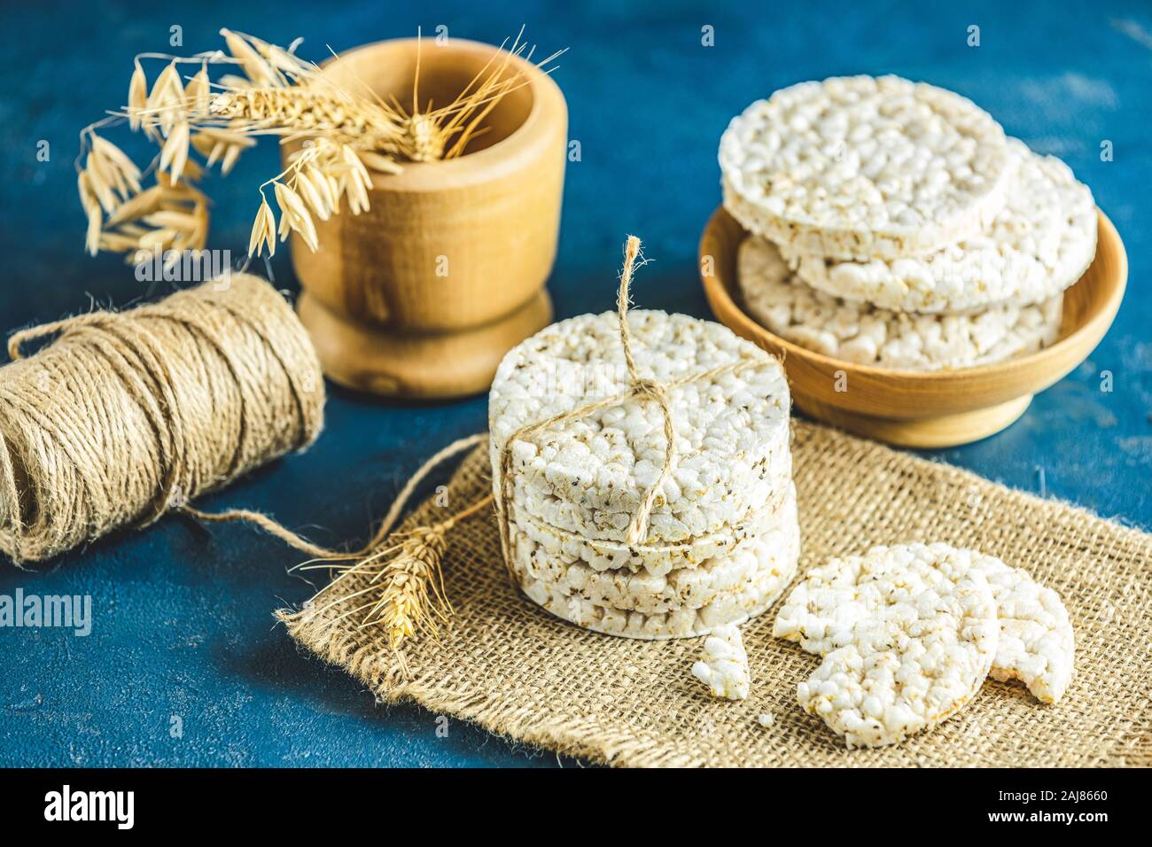 Stack of rice cakes. American puffed rice cakes. Healthy snacks with ...