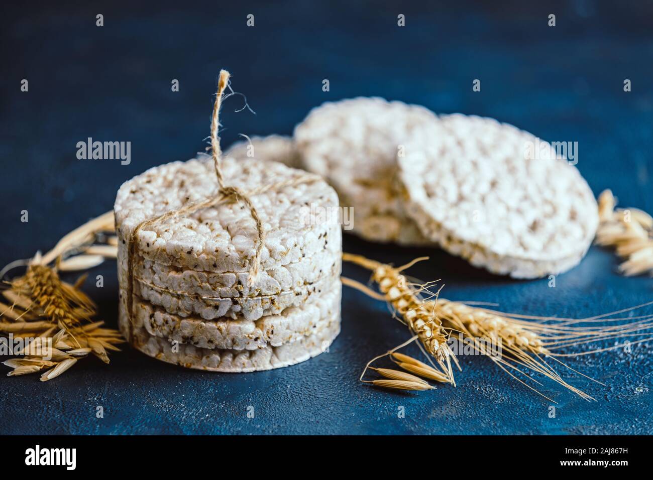 Stack of rice cakes. American puffed rice cakes. Healthy snacks with ...
